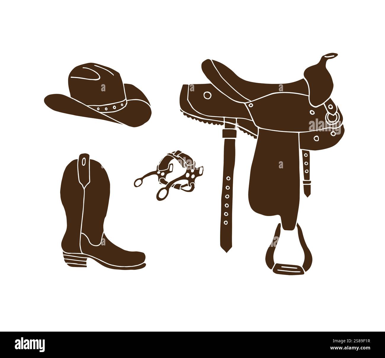 Vector set bundle of brown hand drawn doodle sketch western cowboy ...