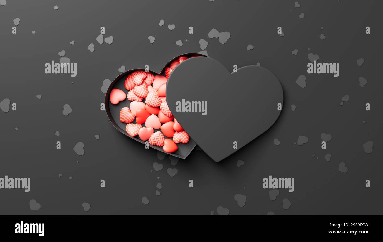 Black opened heart-shaped box with red hearts inside on a black ...