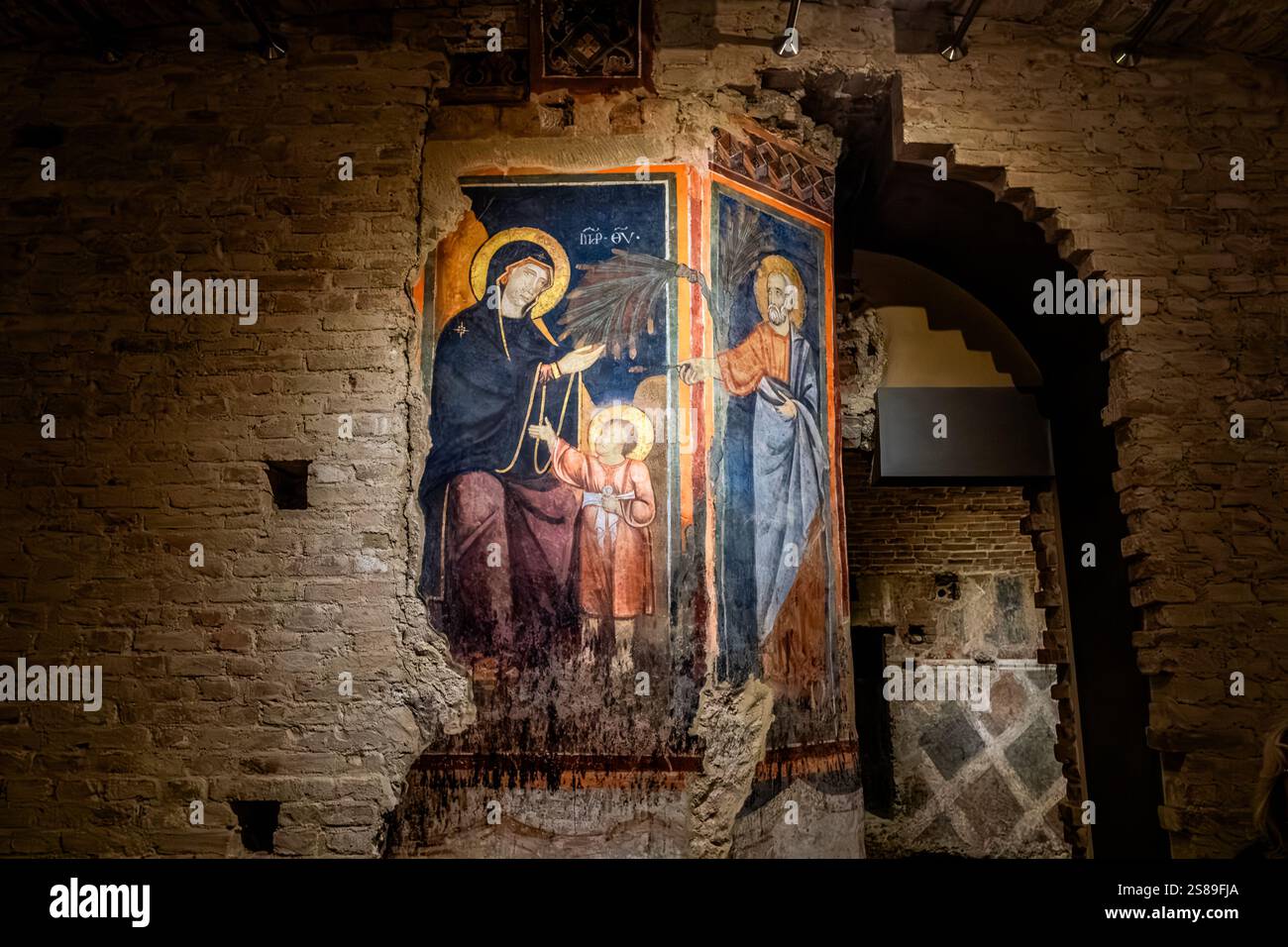 A fresco showing The Holy Family inside The crypt of Siena Cathedral ...