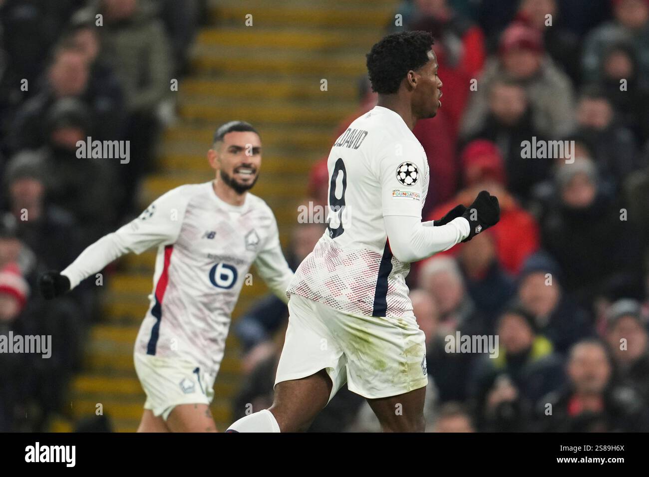 Lille's Jonathan David celebrates after scoring his side's first goal ...
