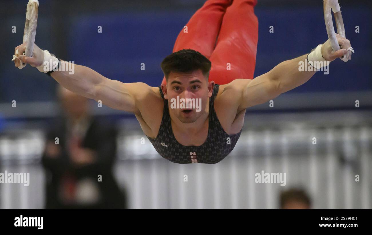 Nebraska gymnast Yanni Chronopoulos performs his routine on the rings during an NCAA gymnastics ...