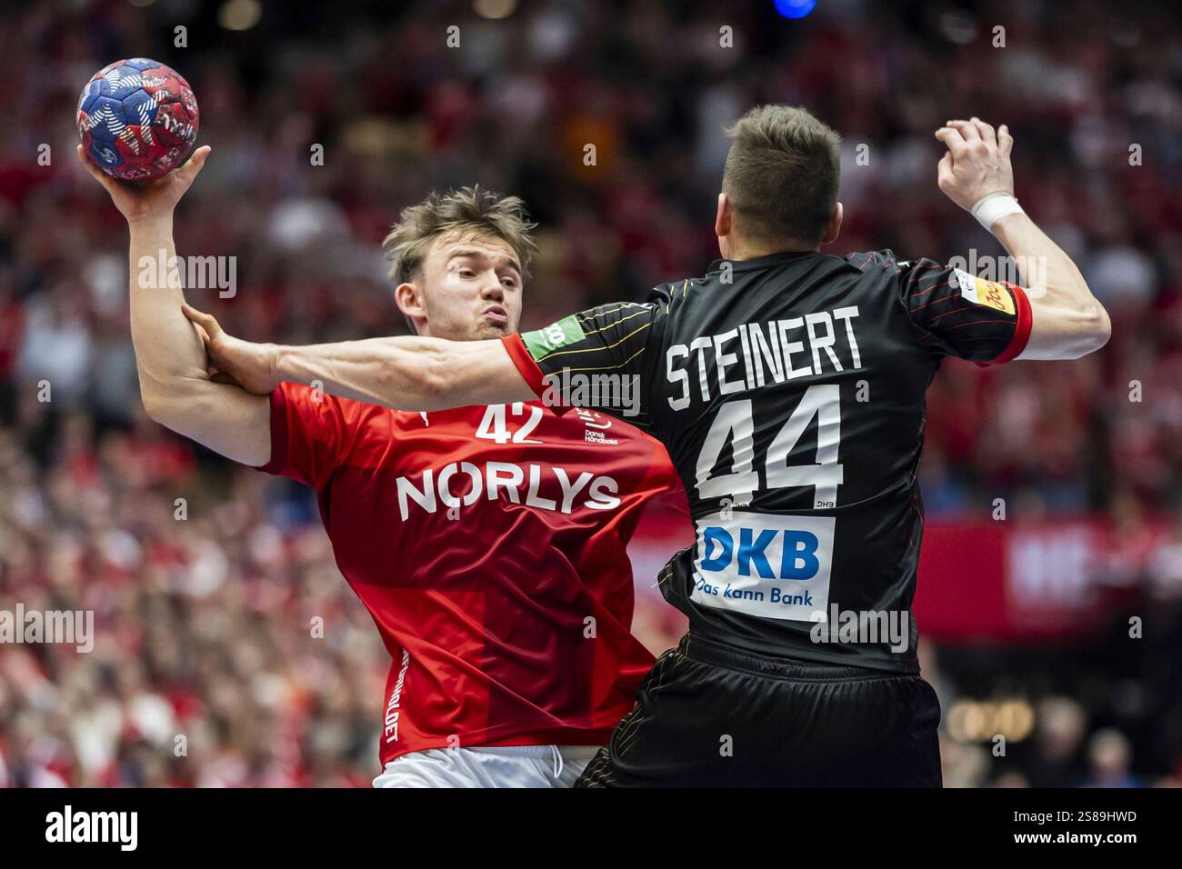 Denmark's Thomas Sommer Arnoldsen, left, and Germany's Christoph Steinert in action during the ...