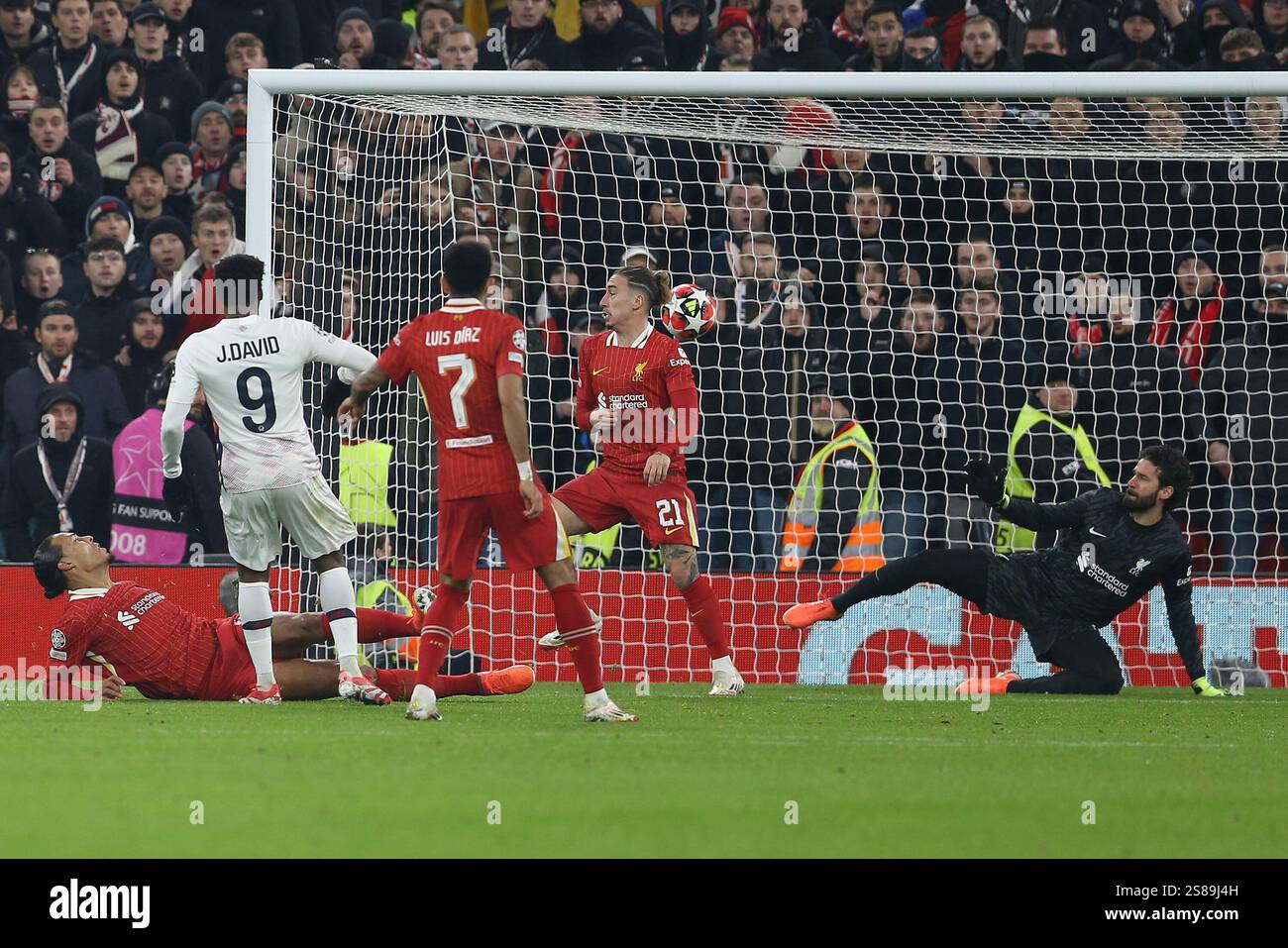 Liverpool, UK. 21st Jan, 2025. Jonathan David of Lille (9) scores his ...