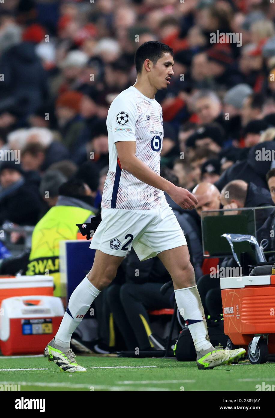 Liverpool, UK. 21st Jan, 2025. Lille's Aissa Mandi gets sent off during ...