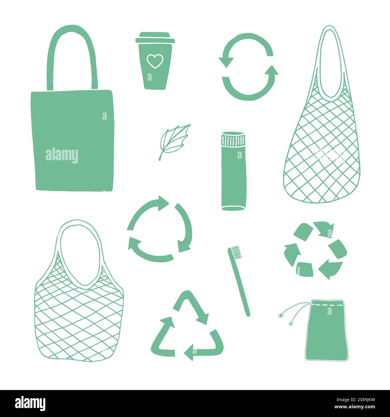 Vector set bundle of hand drawn doodle sketch mint green eco zero waste ...