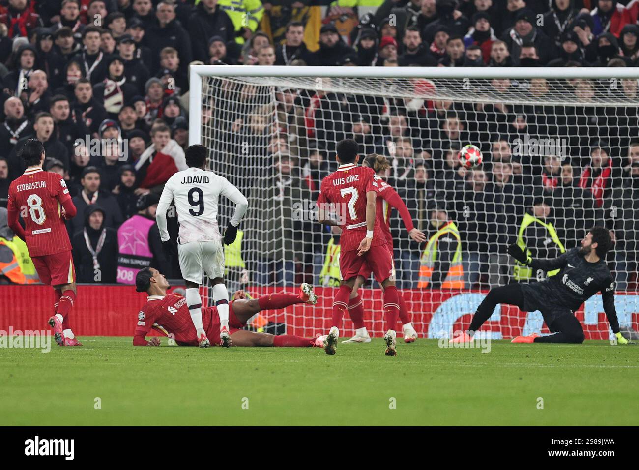 Liverpool, UK. 21st Jan, 2025. Jonathan David of Lille scores the teams ...
