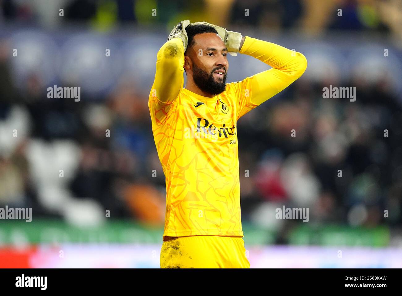 Swansea City goalkeeper Lawrence Vigouroux reacts during the Sky Bet ...