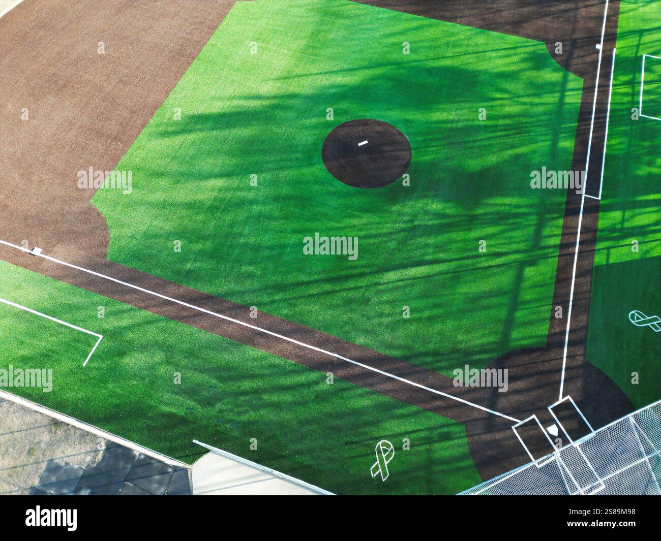 Aerial view shows vibrant green artificial turf of a well-kept baseball ...