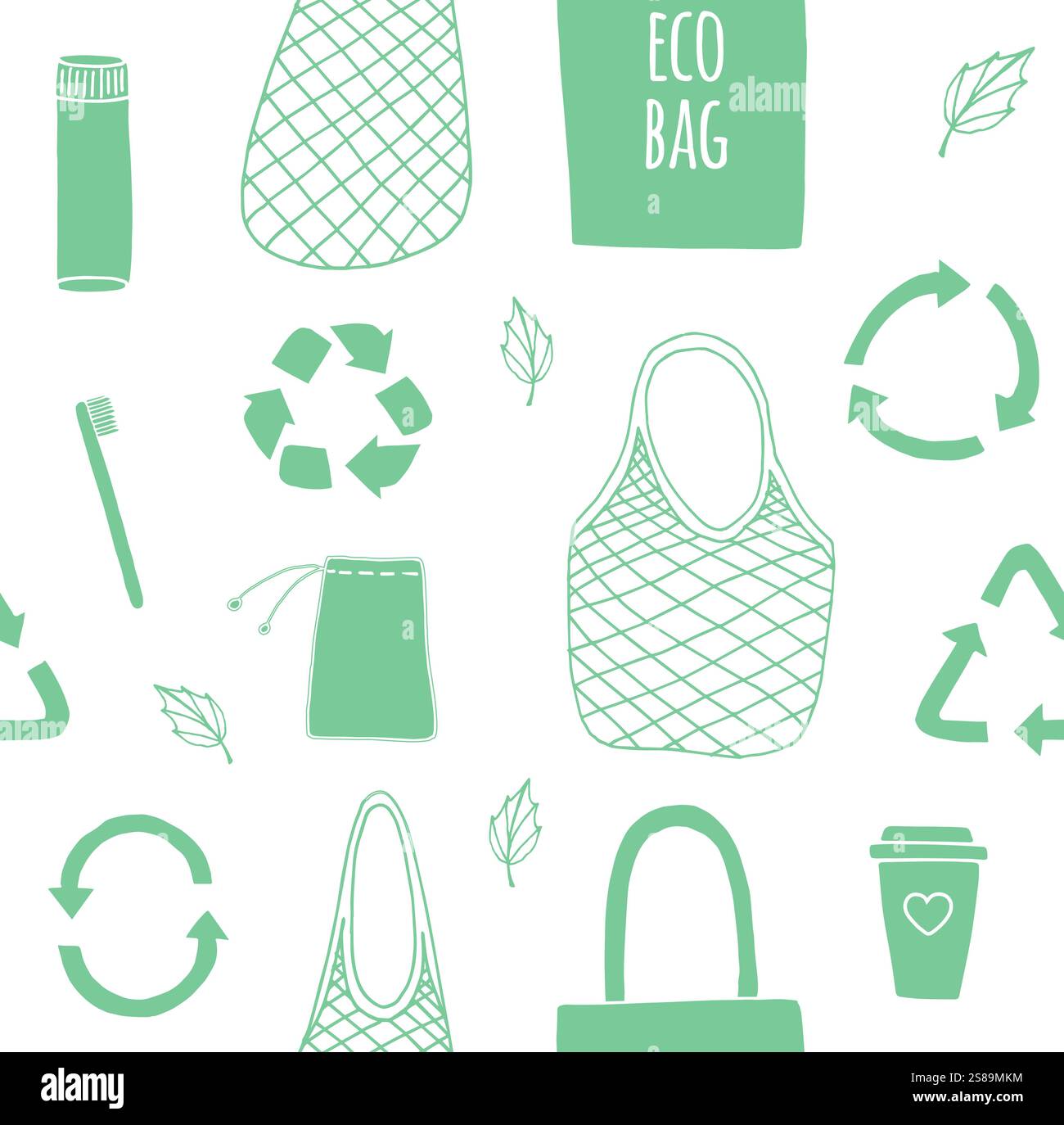 Vector seamless pattern of green hand drawn doodle sketch eco zero ...