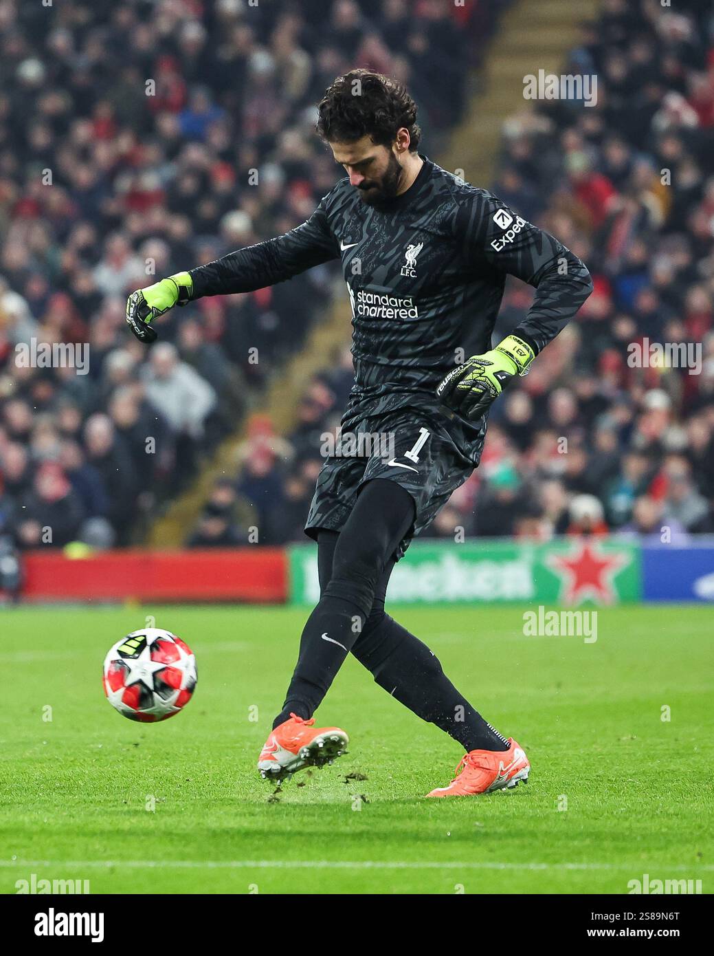 Alisson Becker of Liverpool clears the ball up field during the UEFA ...