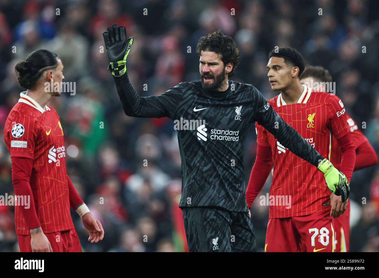 Alisson Becker of Liverpool reacts towards Darwin Núñez of Liverpool ...