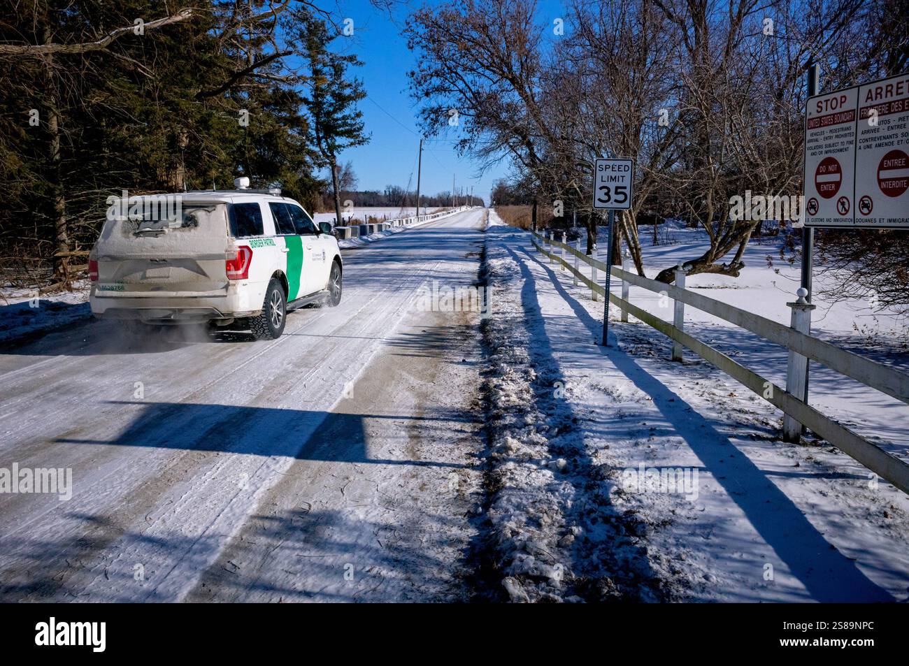 Alburgh, USA. 20th Jan, 2025. A Customs and Border Patrol vehicle moves ...