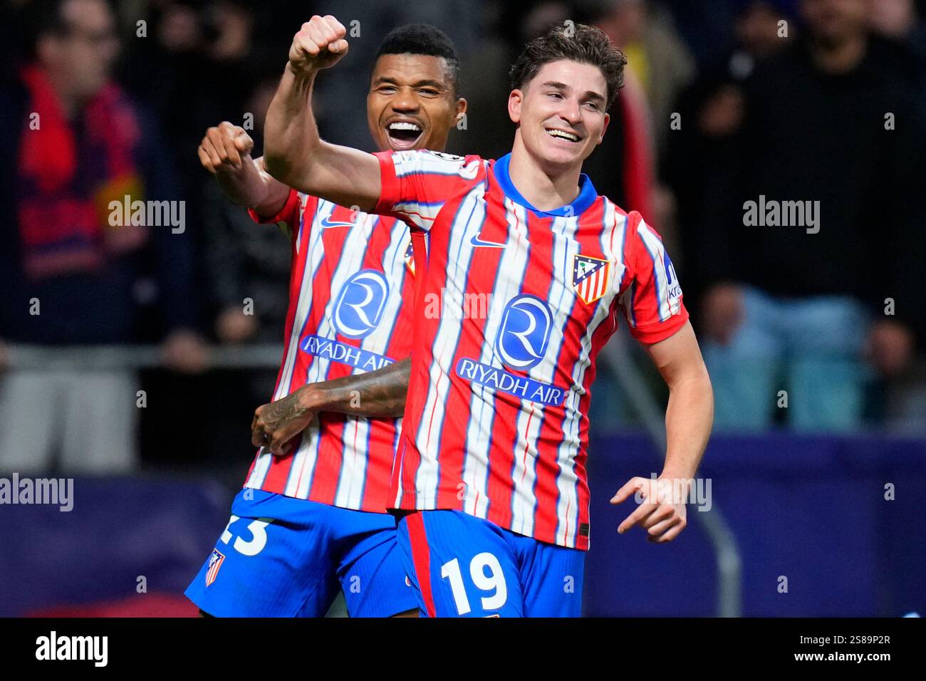 Atletico Madrid's Julian Alvarez, front, celebrates after scoring his ...