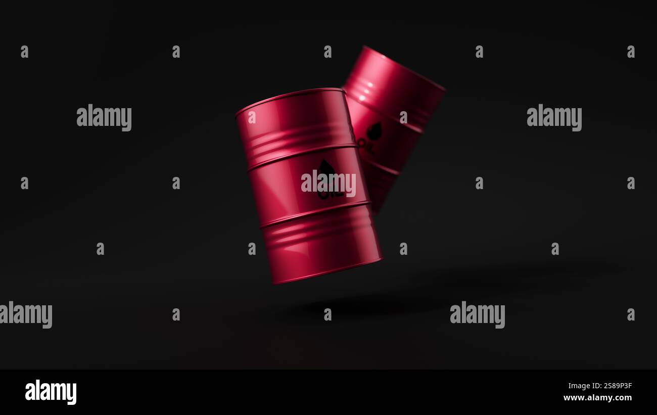 Two floating red metal oil barrels on black background. Front view with ...