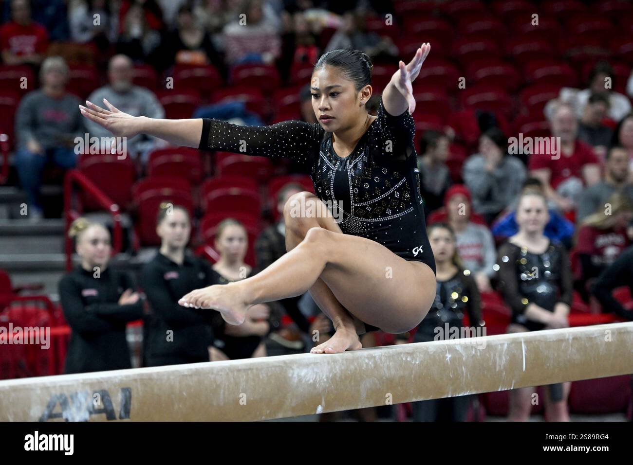 Denver gymnast Bella Mabanta competes on the balance beam during an ...