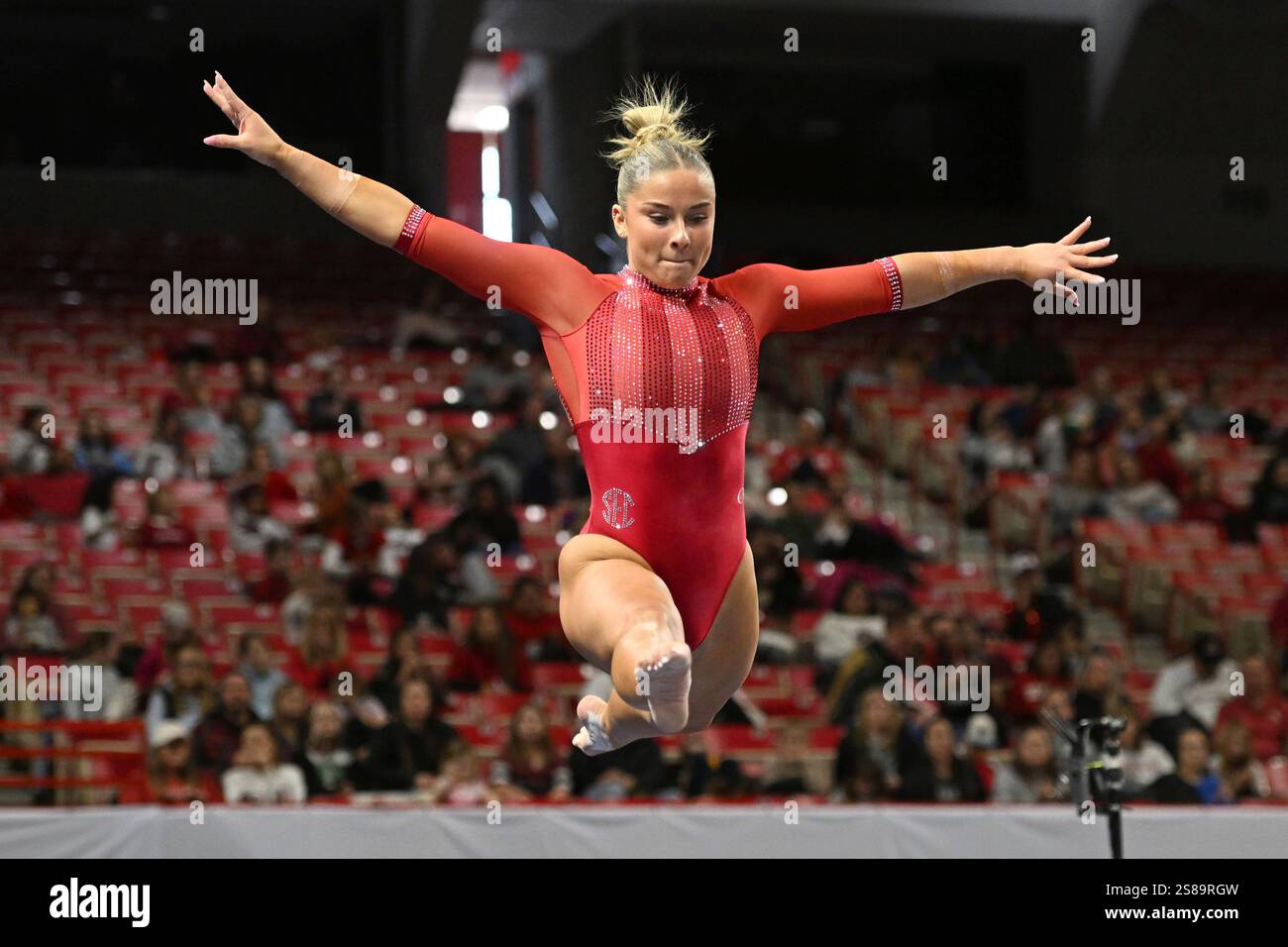 Arkansas gymnast Cally Swaney on the balance beam during an NCAA ...