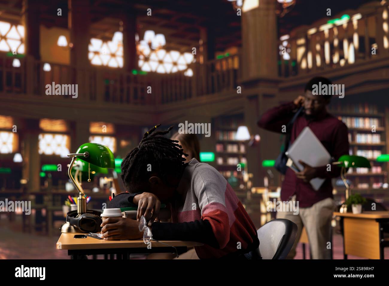African american female student falling asleep on her books pile in the ...