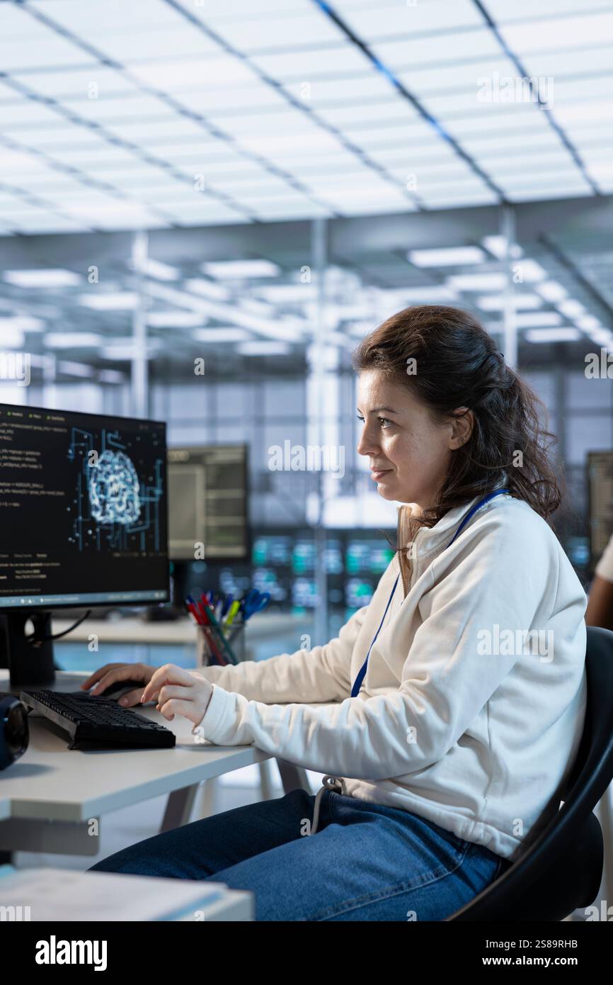 Woman trying to fix error in high tech AI data center workplace, solving tasks. Server farm ...