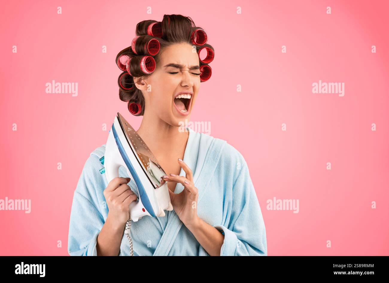 Housewife Touching Hot Iron Shouting From Pain Over Yellow Background ...