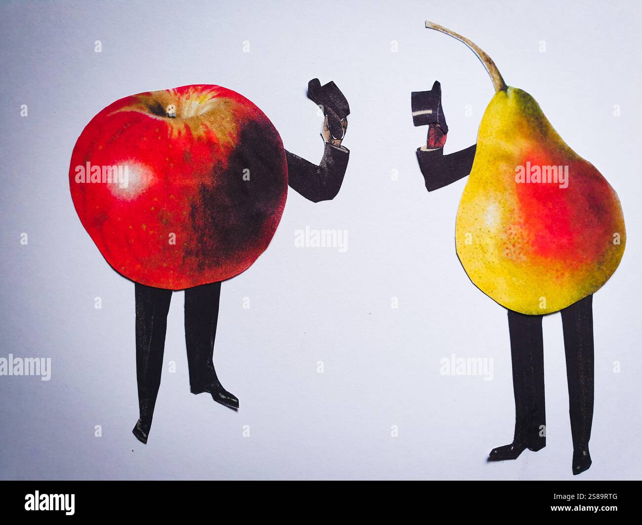 Conceptual collage art of an apple and a pear with male legs greeting ...