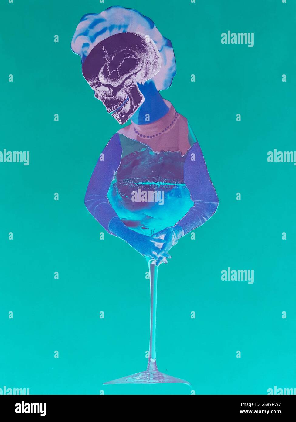 Conceptual collage art of a woman with a skull head and her arms around ...