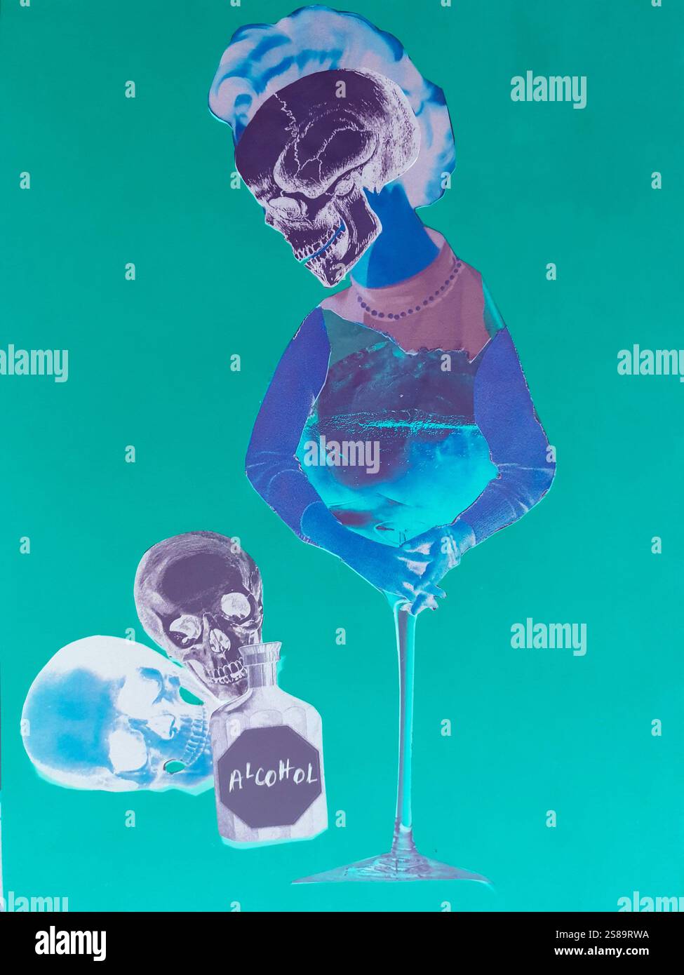 Conceptual collage art of a woman with a skull head and her arms around ...