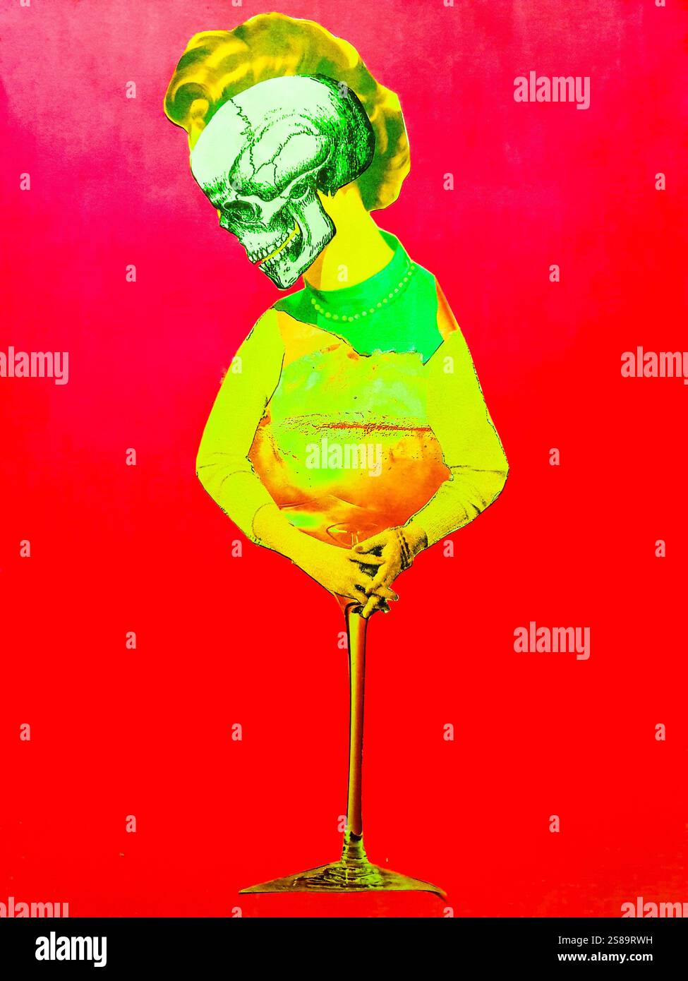 Conceptual collage art of a woman with a skull head and her arms around ...