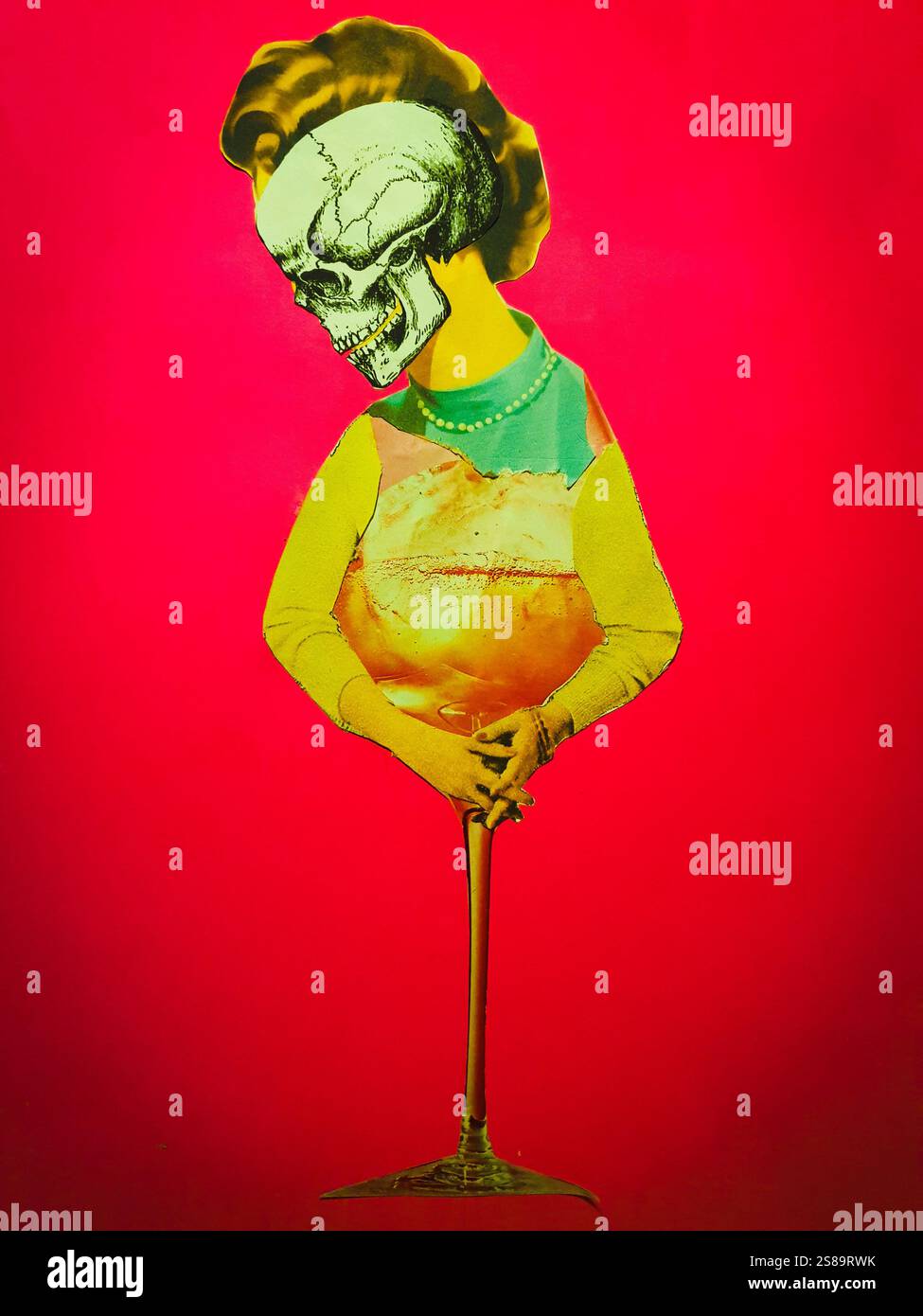 Conceptual collage art of a woman with a skull head and her arms around ...