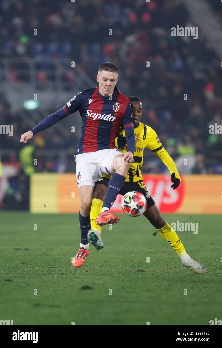 Turin, Italy. 21st Jan, 2025. Emil Holm of Bologna FC and Jamie Gittens ...
