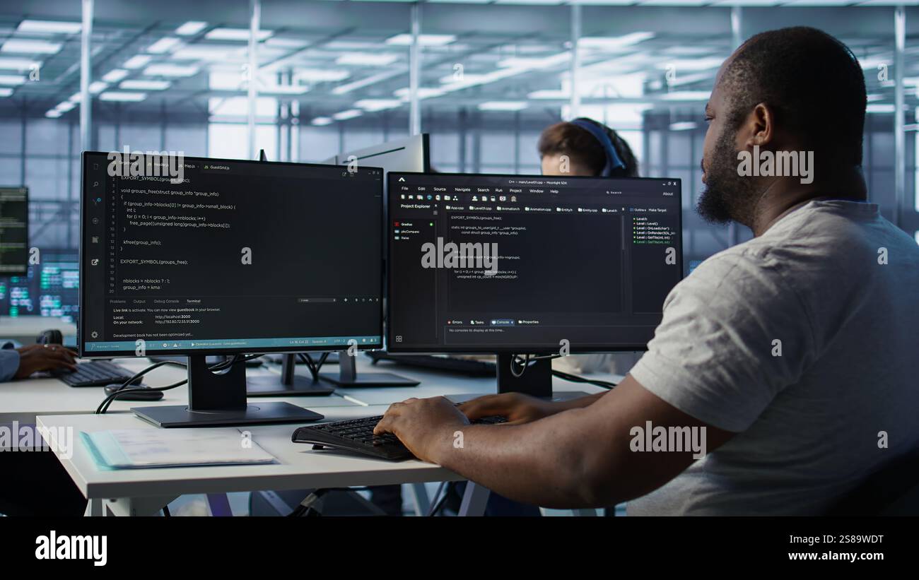Admin in server hub tasked with protecting valuable data against hacking attack on computers ...