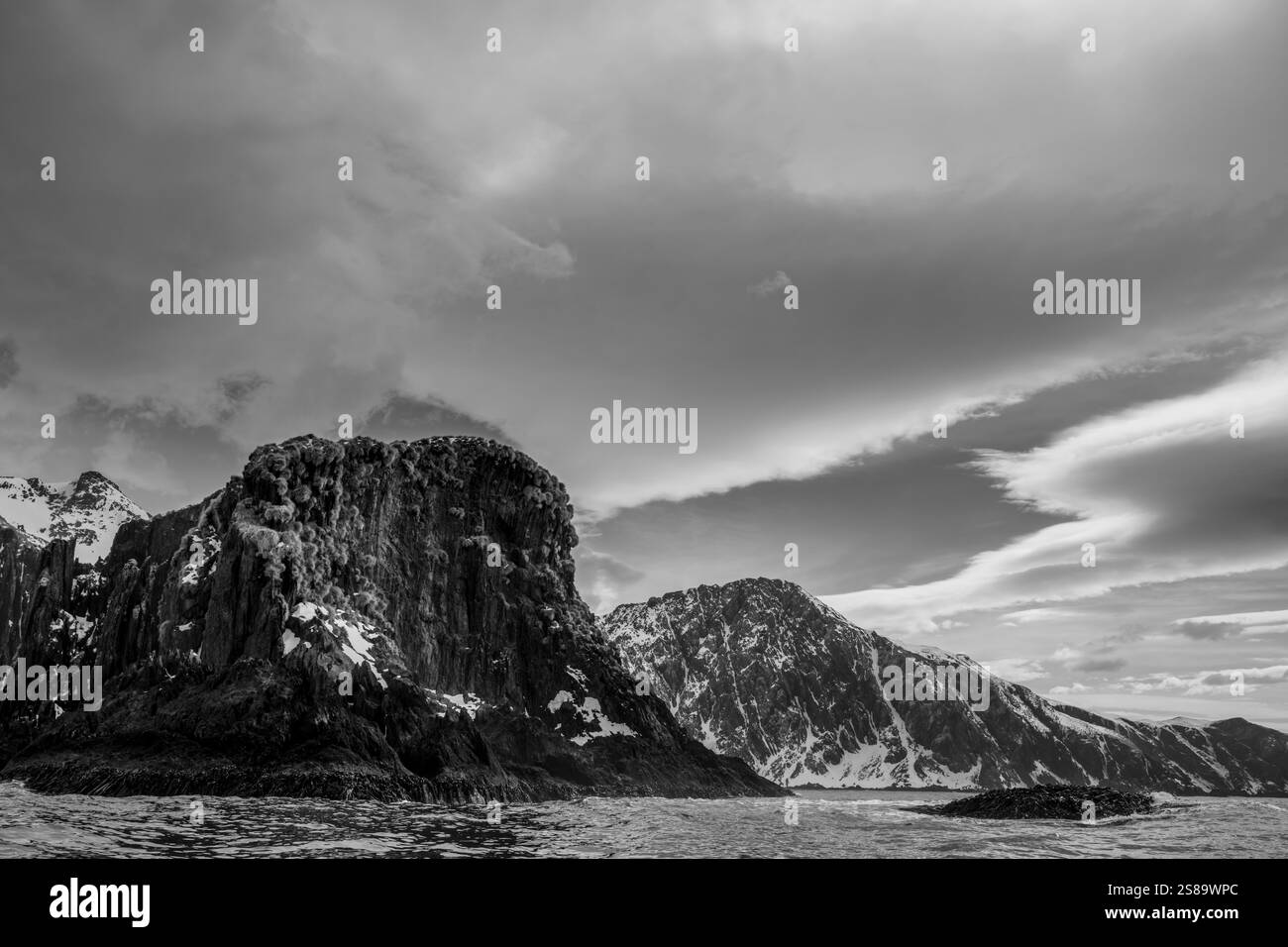 South Georgia Island. Black and white landscape of ocean and rugged ...