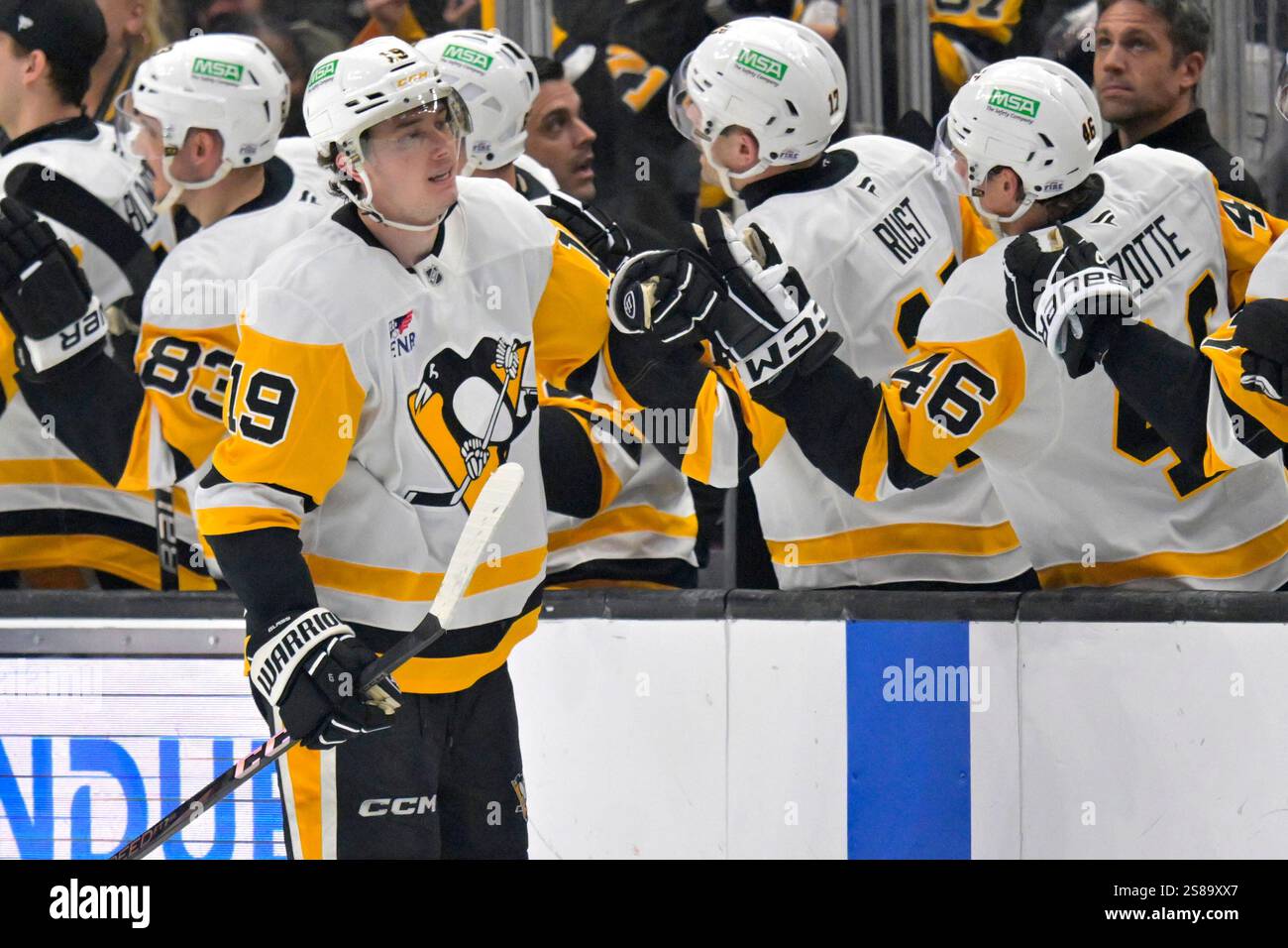 Pittsburgh Penguins center Cody Glass (19) is congratulated at the ...