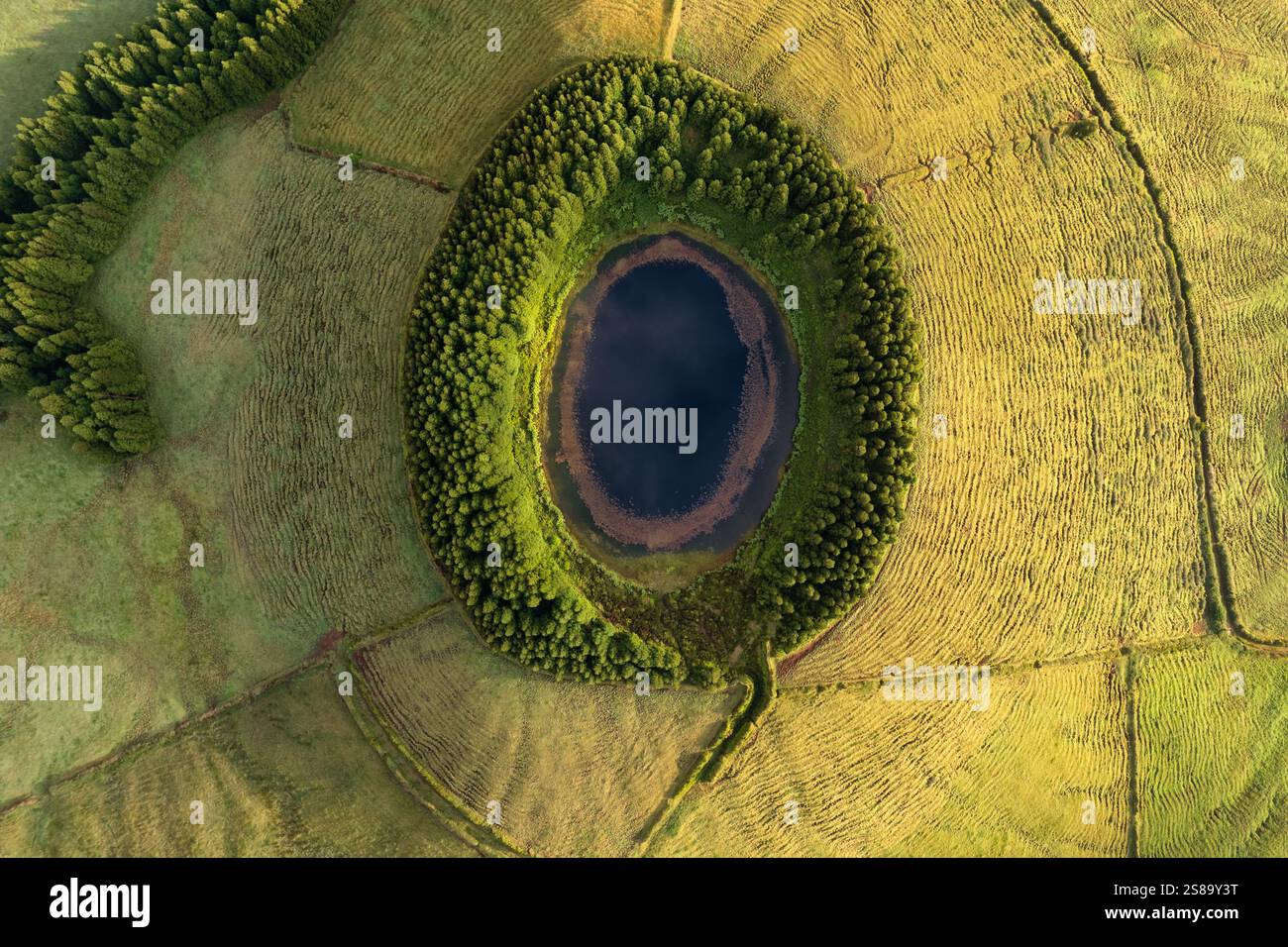 Aerial view of beautiful lagoon in Azores islands. Drone landscape with ...