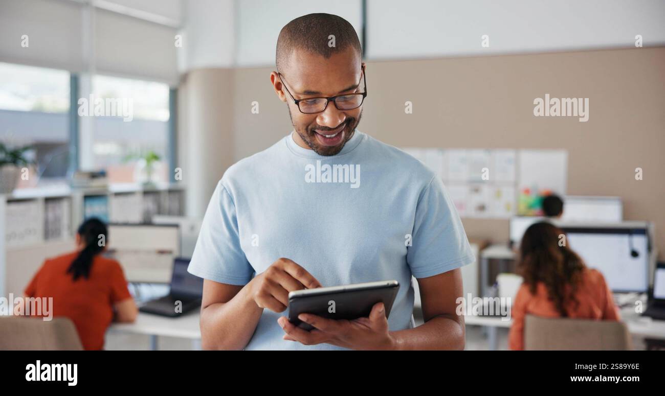 Business people, journalist and man with typing, tablet and smile with ...