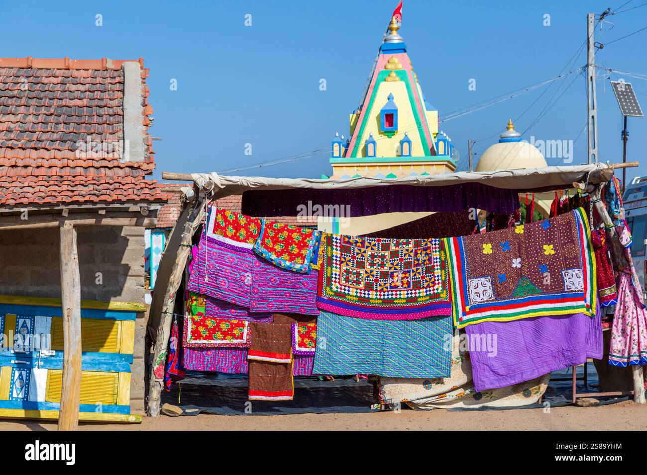 India, State of Gujarat, Bhuj, Kutch. Traditional village. Blankets ...
