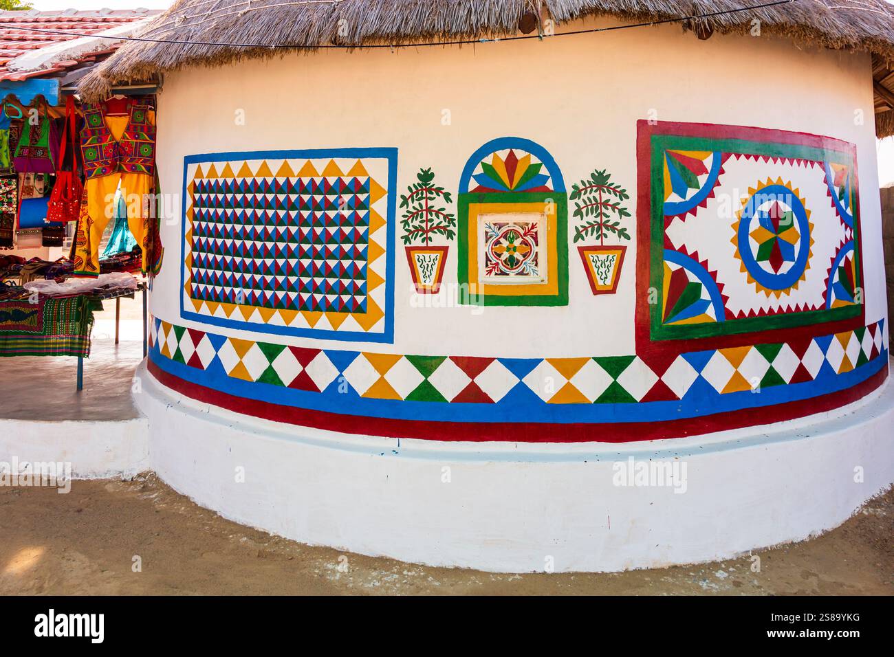 India, State of Gujarat, Bhuj, Kutch. Painted stucco, traditional ...