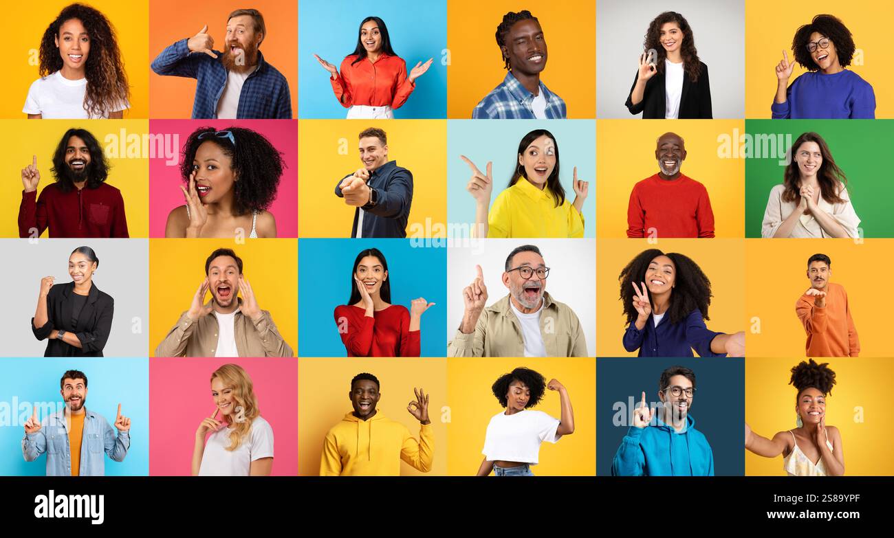 Diverse group of cheerful people celebrating positivity in a colorful ...