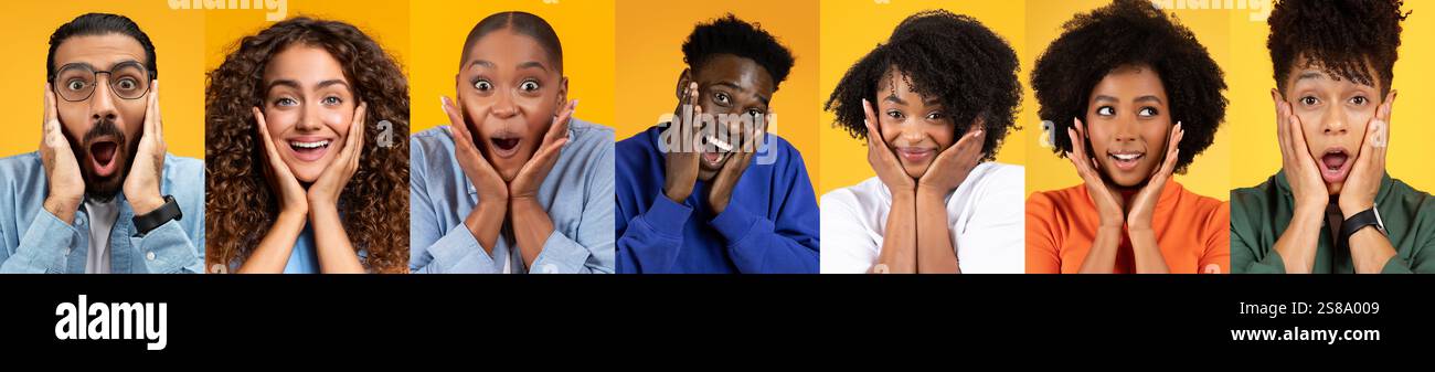 Diverse group of people expressing joy and amazement in cheerful ...