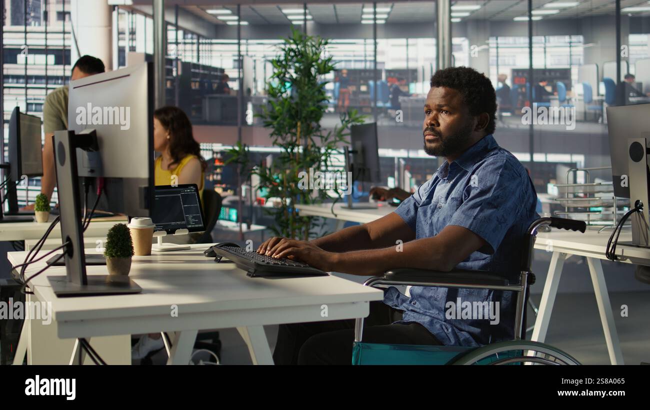 Man with paraplegia conducting code review to fix errors, identifying potential performance and ...