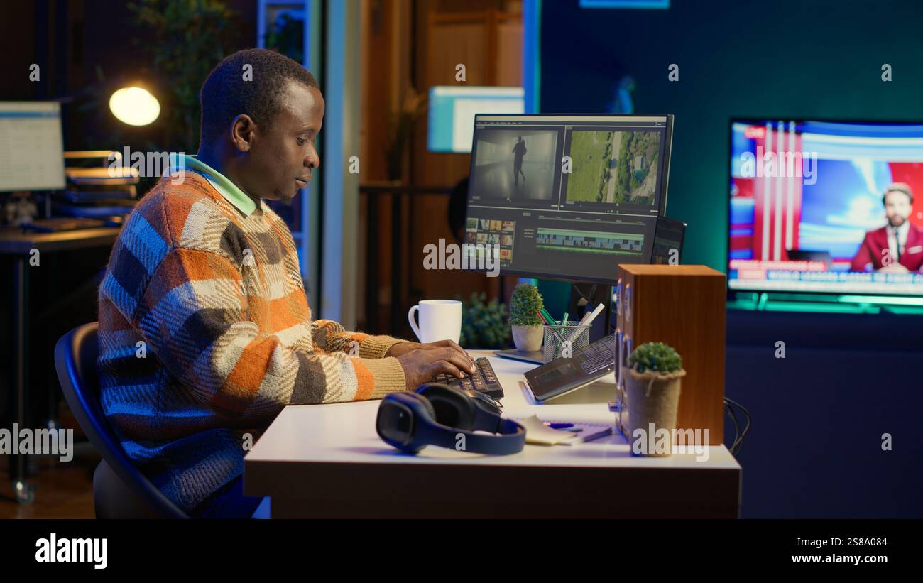 Video editor working on creative software to create a film montage ...