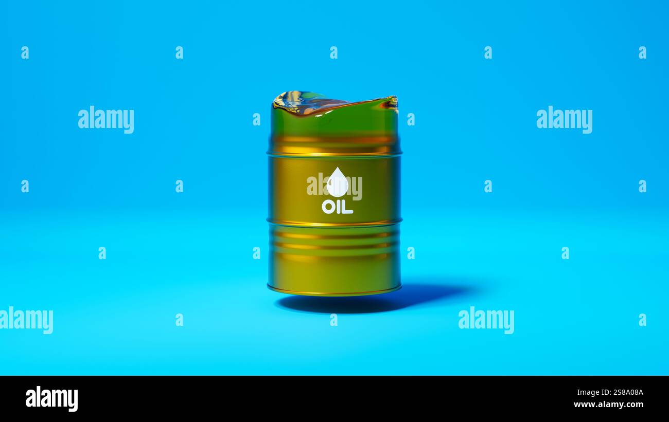 Split view of gold metal oil barrel with crude oil inside on blue ...