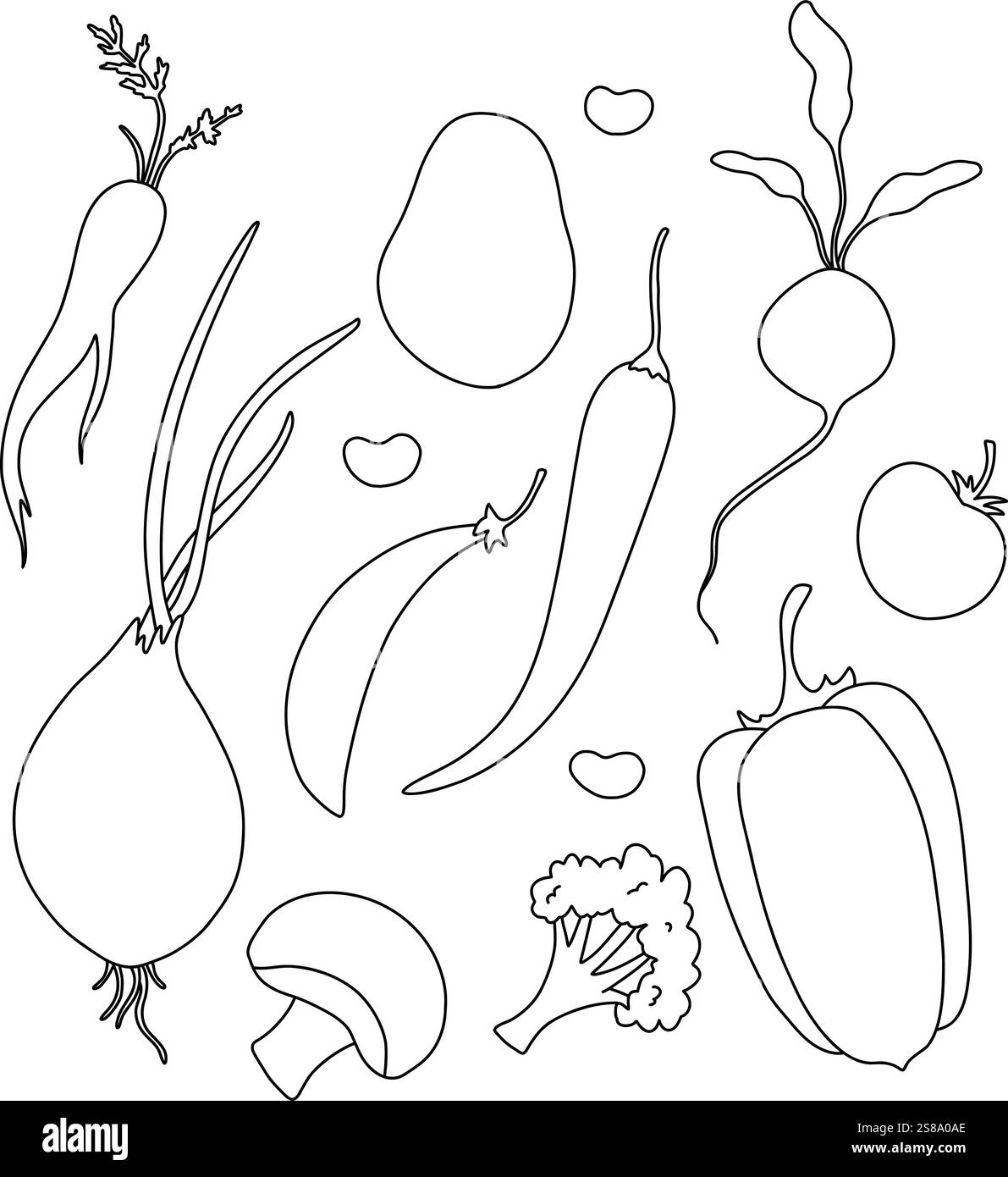 Set of vector outline vegetables for coloring, menu design, vegetarians ...