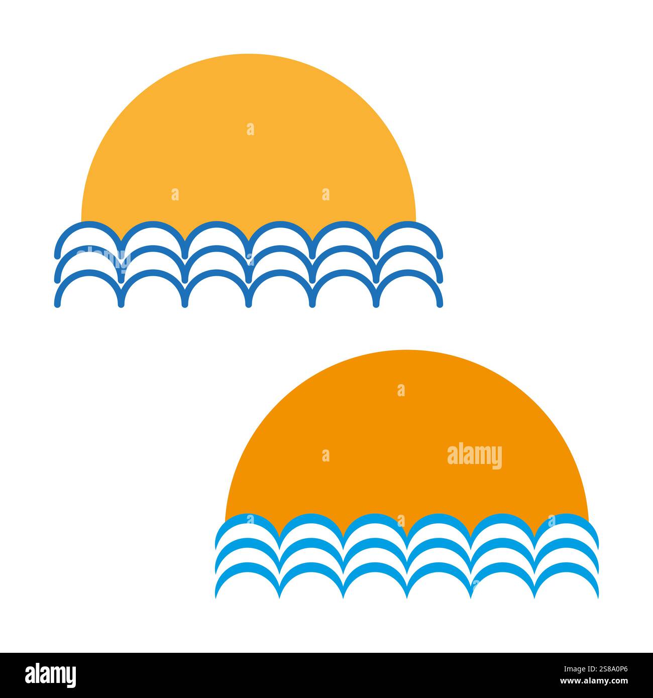 Sun and waves. Beach sunset icon. Tropical ocean graphic. Vector ...