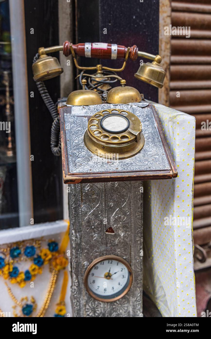 Nowhatta, Srinagar, Jammu and Kashmir, India. Antique telephone at a ...