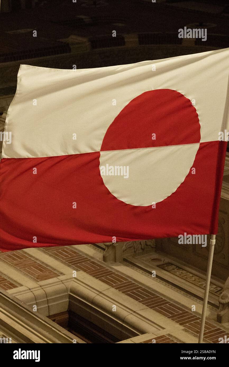The flag of Greenland. It features two equal horizontal bands of white ...