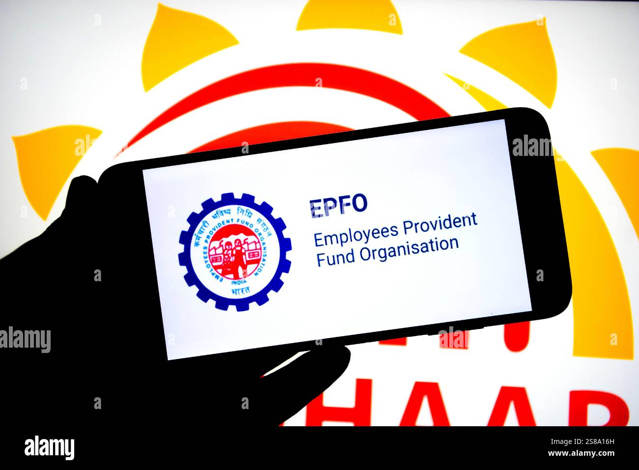 In this photo illustration, an EPFO logo is seen displayed on a ...