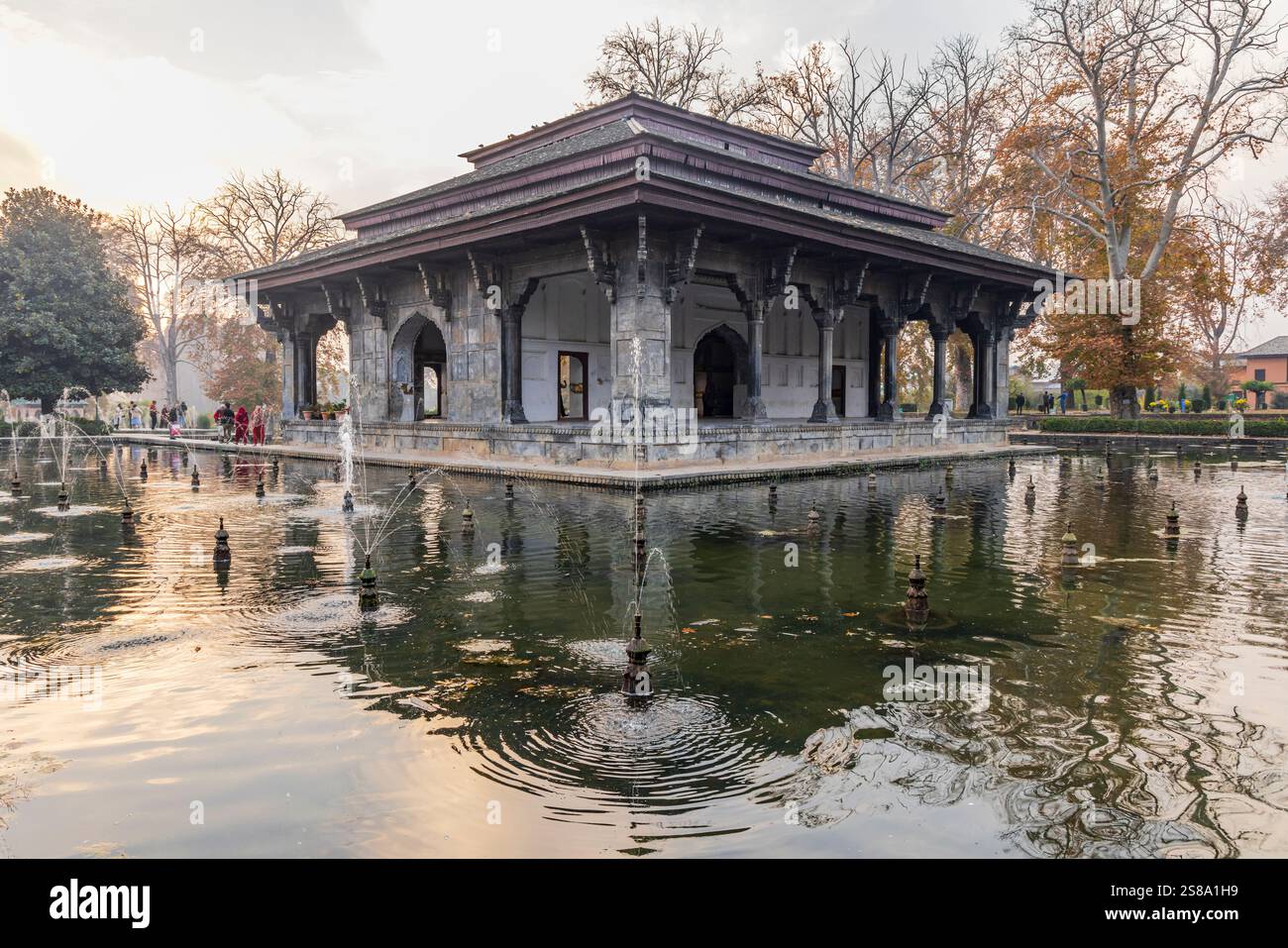 Srinagar, Jammu and Kashmir, India. Stone building in a pond at Mughal ...