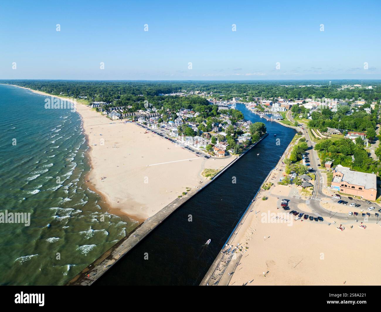 Aerial view of the Black River in South Haven as it enters Lake ...