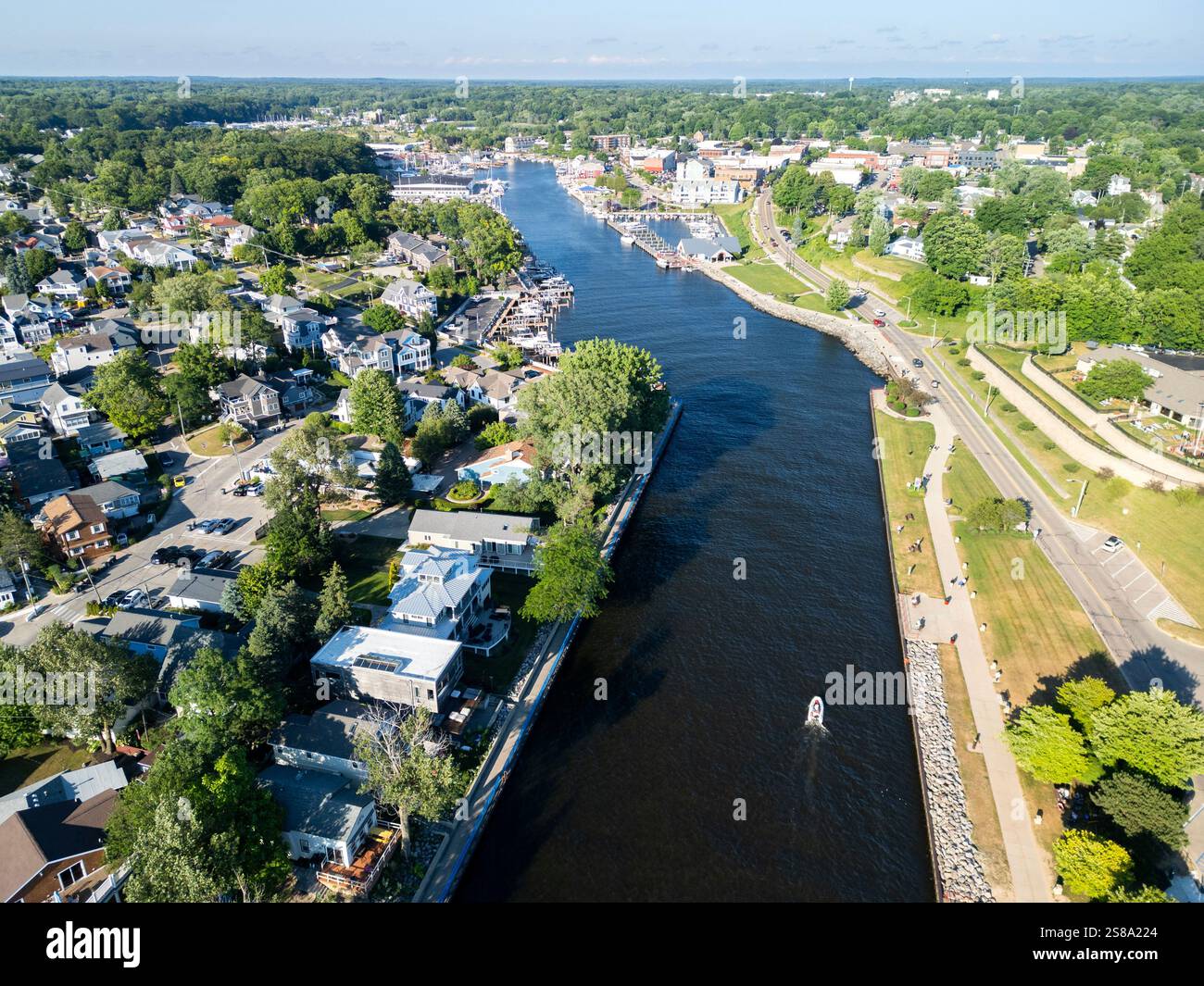 Aerial view of the lakeshore town of South Haven Michigan under a ...