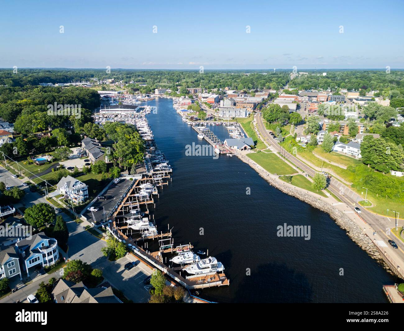 Aerial view of the lakeshore town of South Haven Michigan under a ...